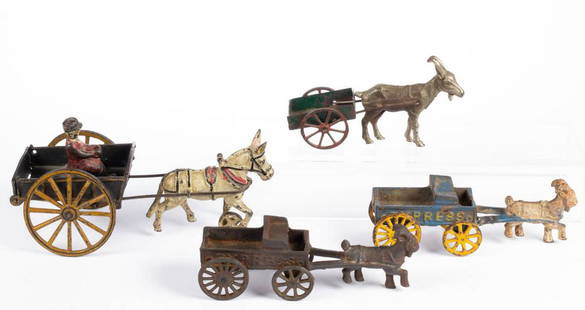 Vintage Painted Cast Iron Horse And Goat Drawn Carts,