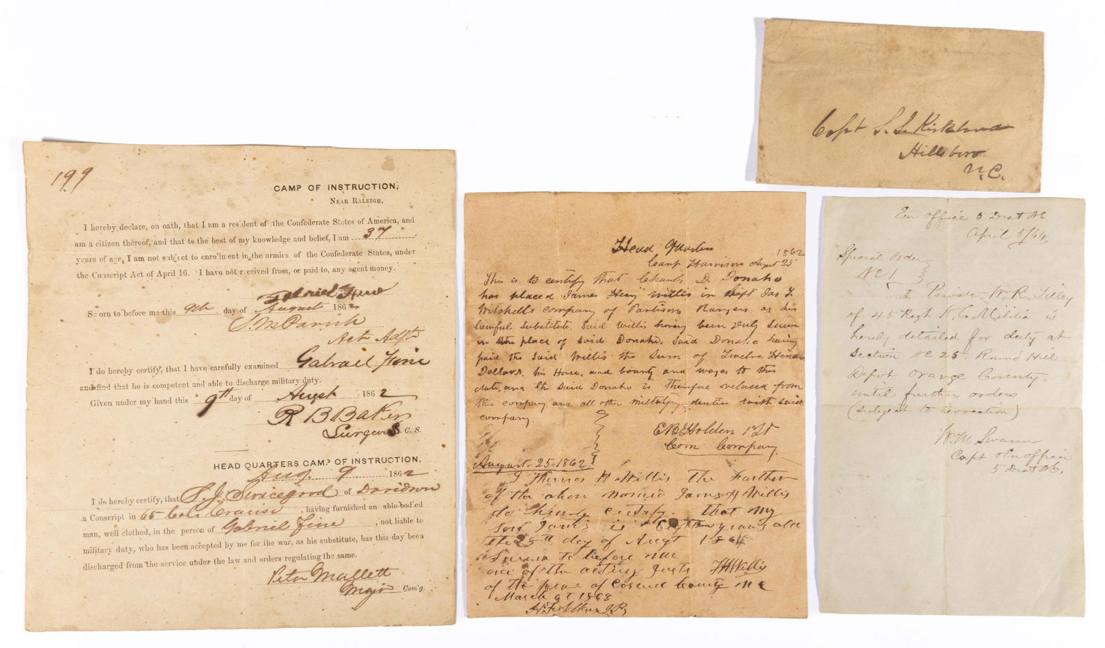 Civil War Confederate North Carolina Manuscript Documents, Lot Of Three,