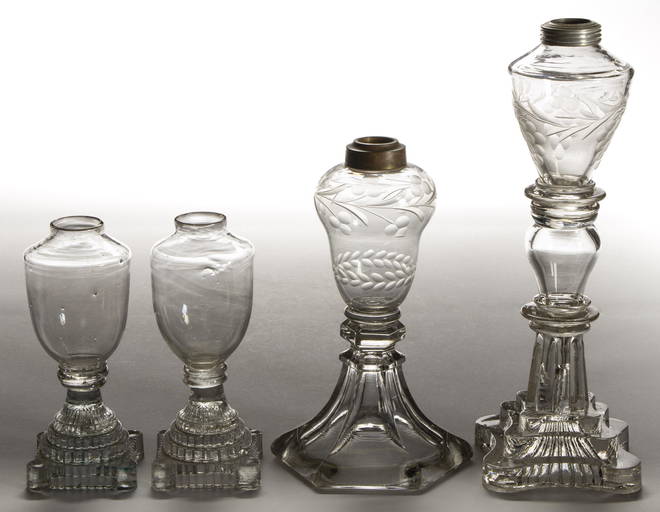 FREE-BLOWN AND PRESSED GLASS WHALE OIL / FLUID STAND LAMPS, LOT OF FOUR ...