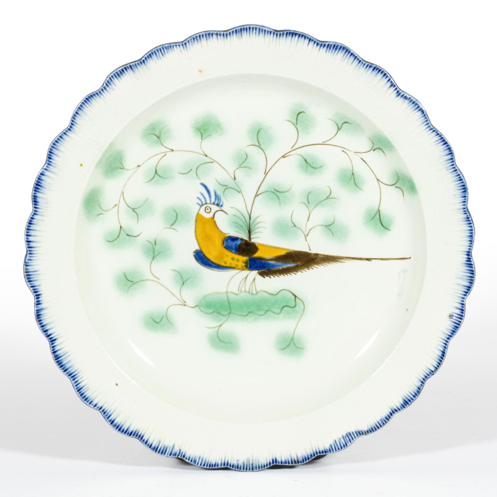 English Pearlware Hand Painted Peafowl Shell Edge Plate