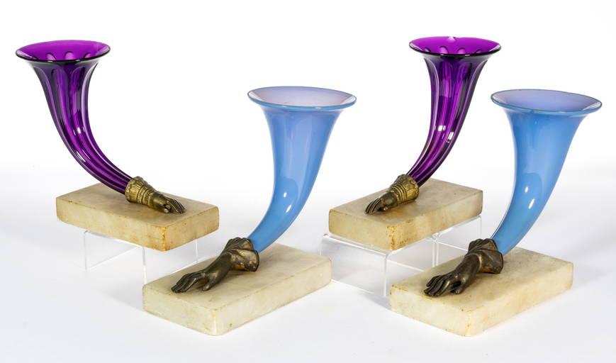 Four Free Blown Cornucopia Form Vases