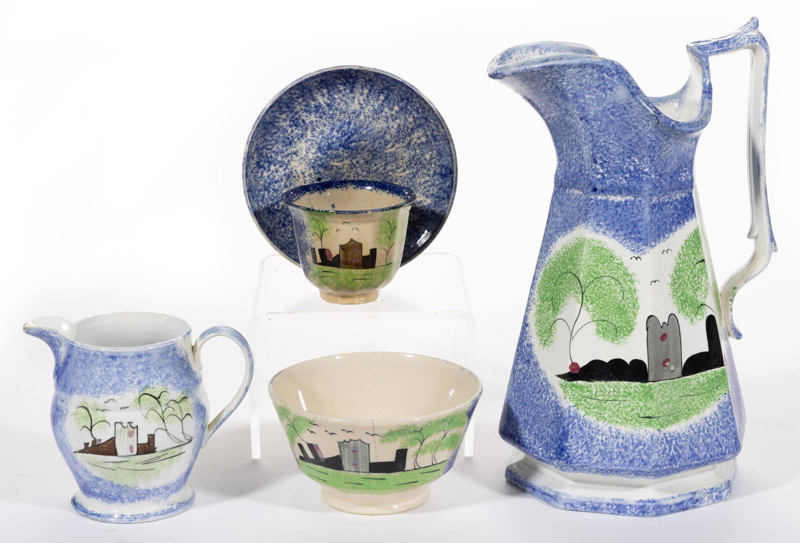 English Spatterware Castle / Fort Ceramic Articles, Lot Of Four Auction