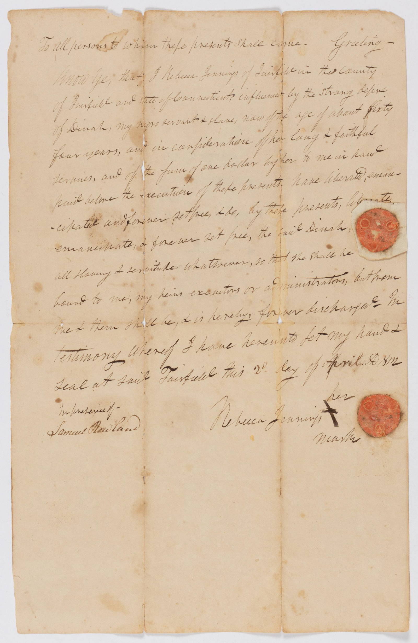 Connecticut Slave Manumission Manuscript Document Auction