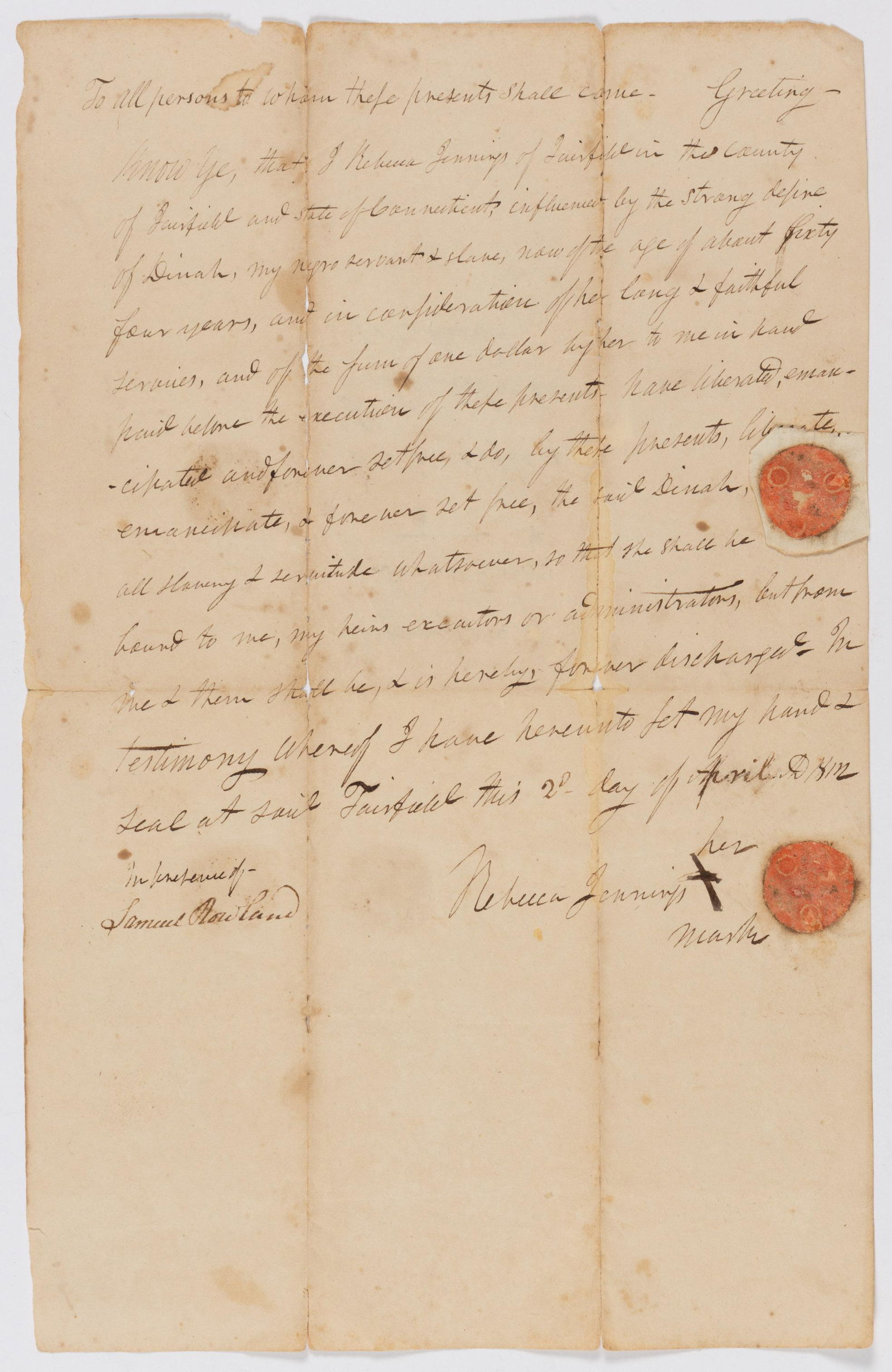 Connecticut Slave Manumission Manuscript Document Auction