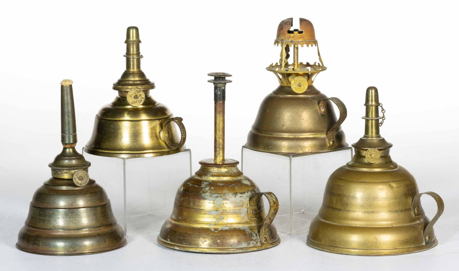 Assorted Brass Finger Lamps With Chimneyless Burners, Lot Of Five Auction