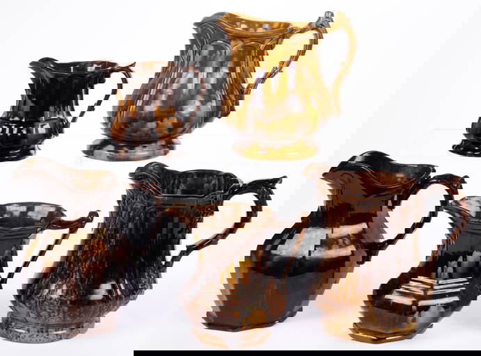 American Rockingham Glazed Pottery Jugs / Pitchers, Lot Of Five