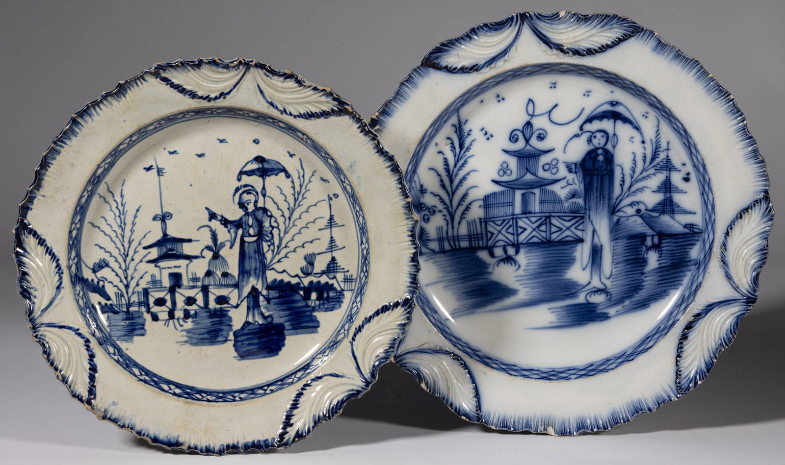 English Pearlware Shell-edge Chinoiserie Motif Plates, Lot Of Two Auction
