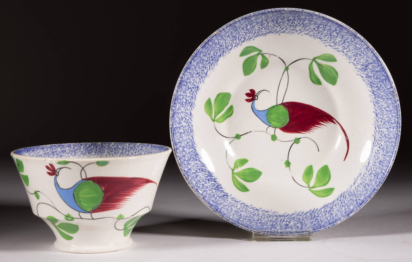 English Spatterware Peafowl Cup And Saucer Set Auction