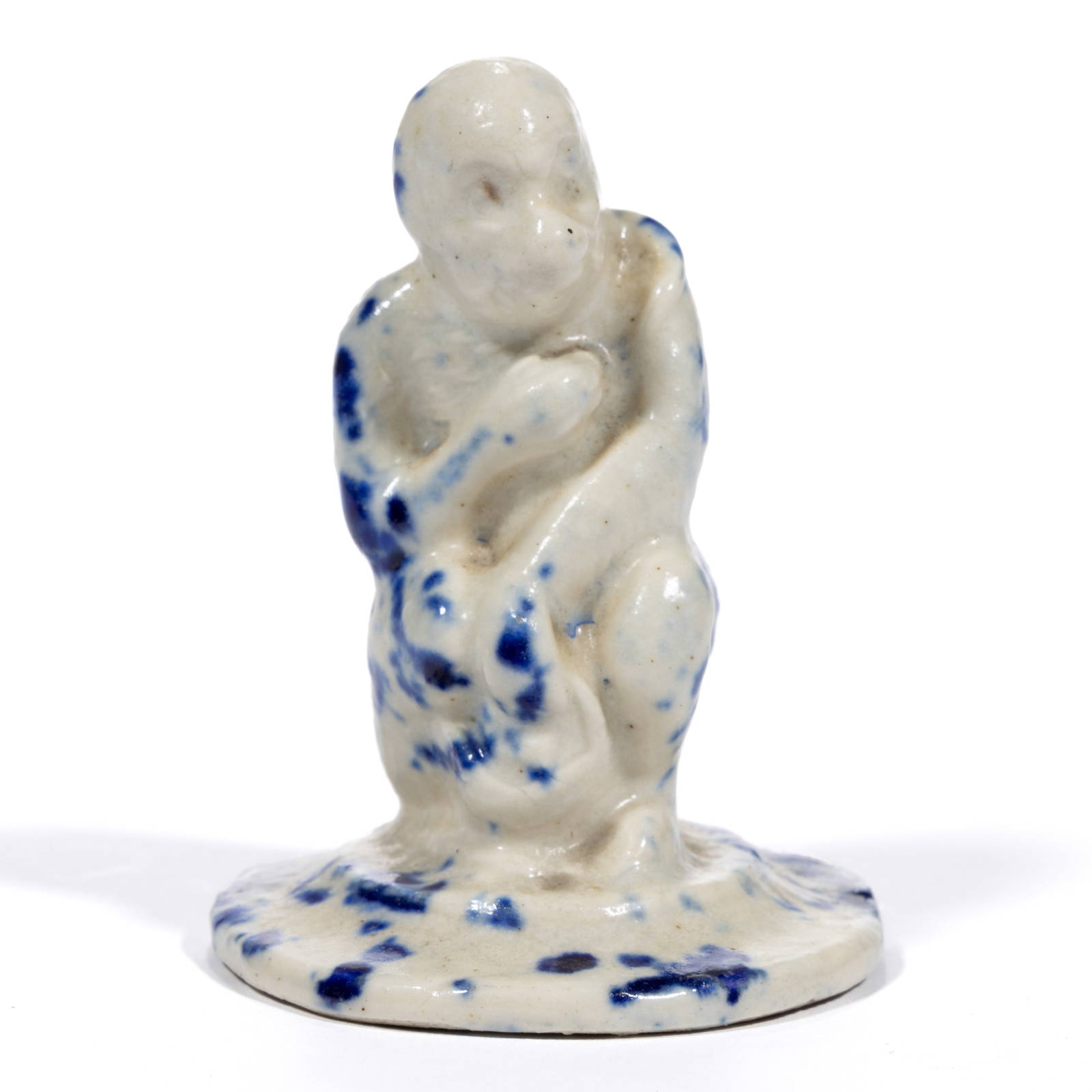 Midwestern Blue And White Spongeware / Stoneware Monkey Figure Auction