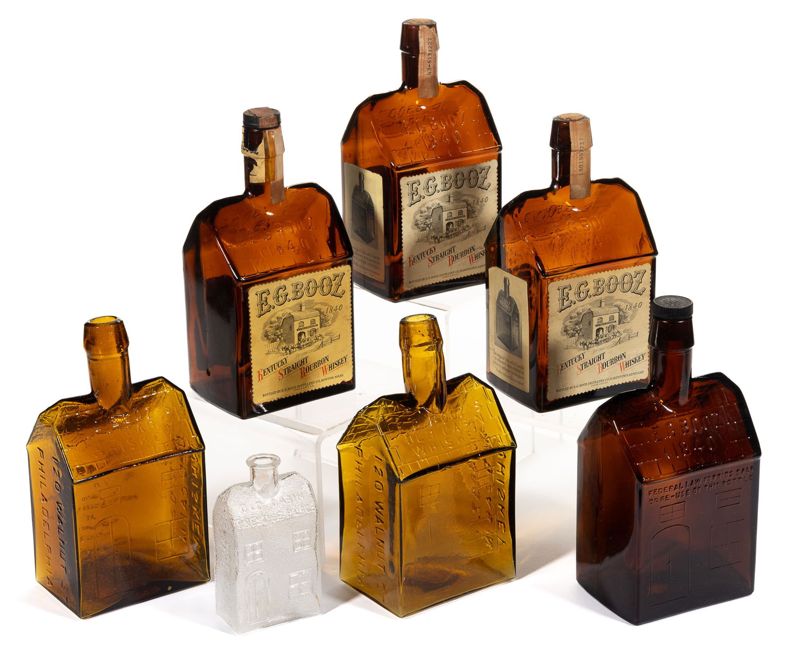 Clevenger Brothers E.g. Booz Old Cabin Whiskey Bottles, Lot Of Seven ...
