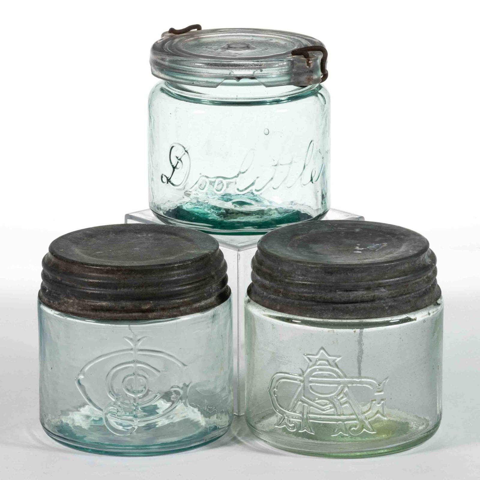 Assorted Squatty Pint Fruit Jars, Lot Of Three Auction