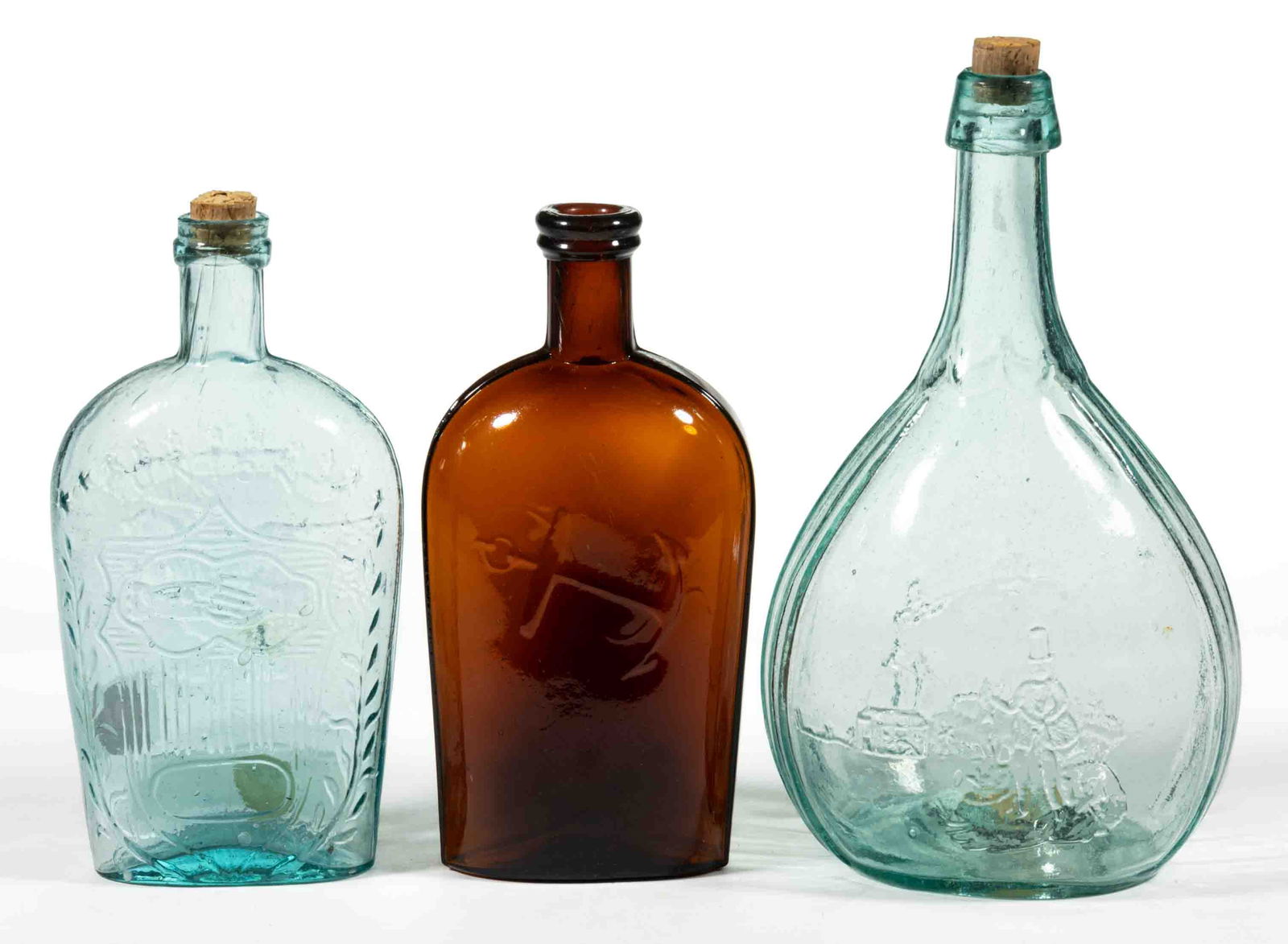 Assorted Pictorial / Historical Flasks, Lot Of Three Auction