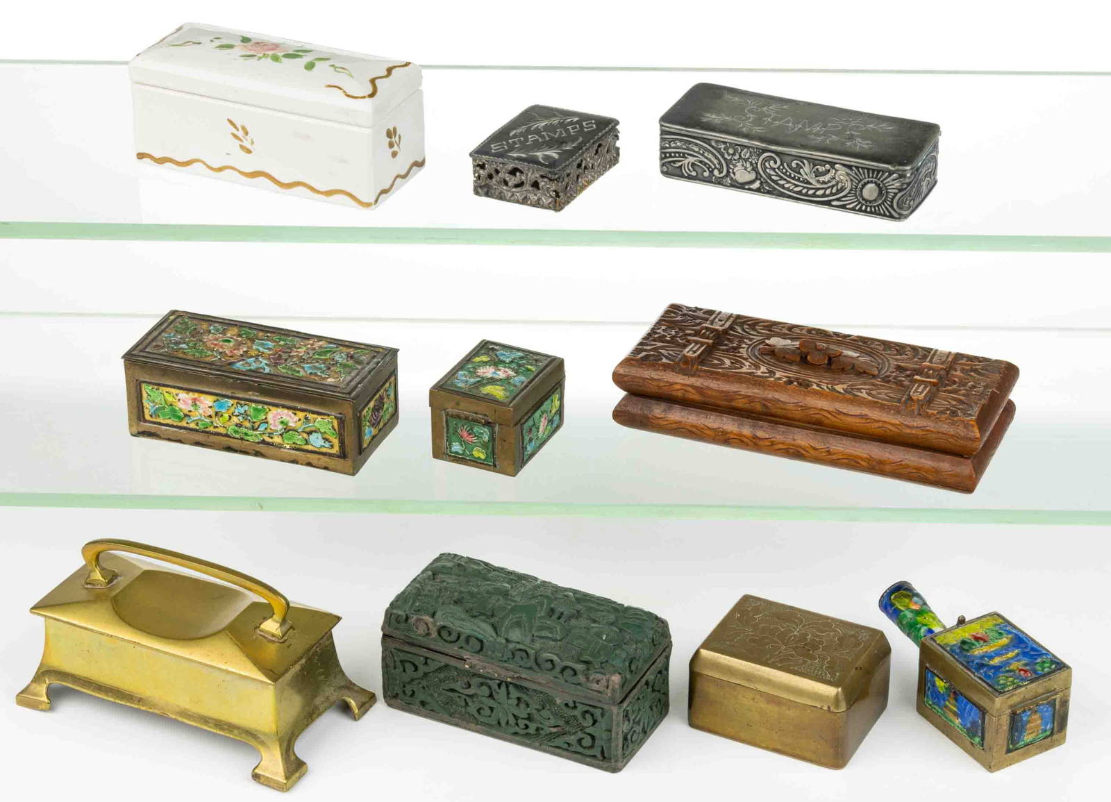 Assorted Antique / Vintage Metal Stamp Boxes, Lot Of Eight Auction