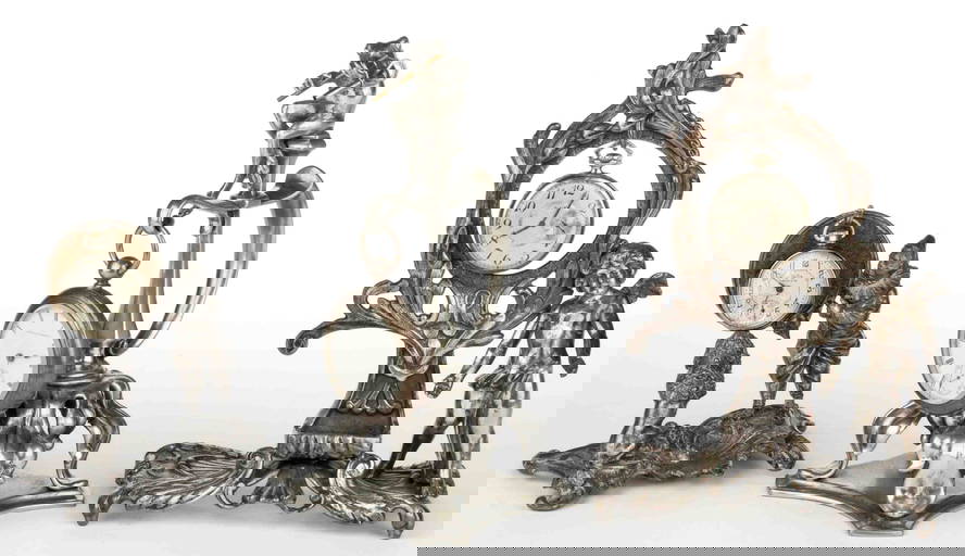 Assorted Silver Plated Figural Metal Watch Hutches / Stands, Lot Of Three