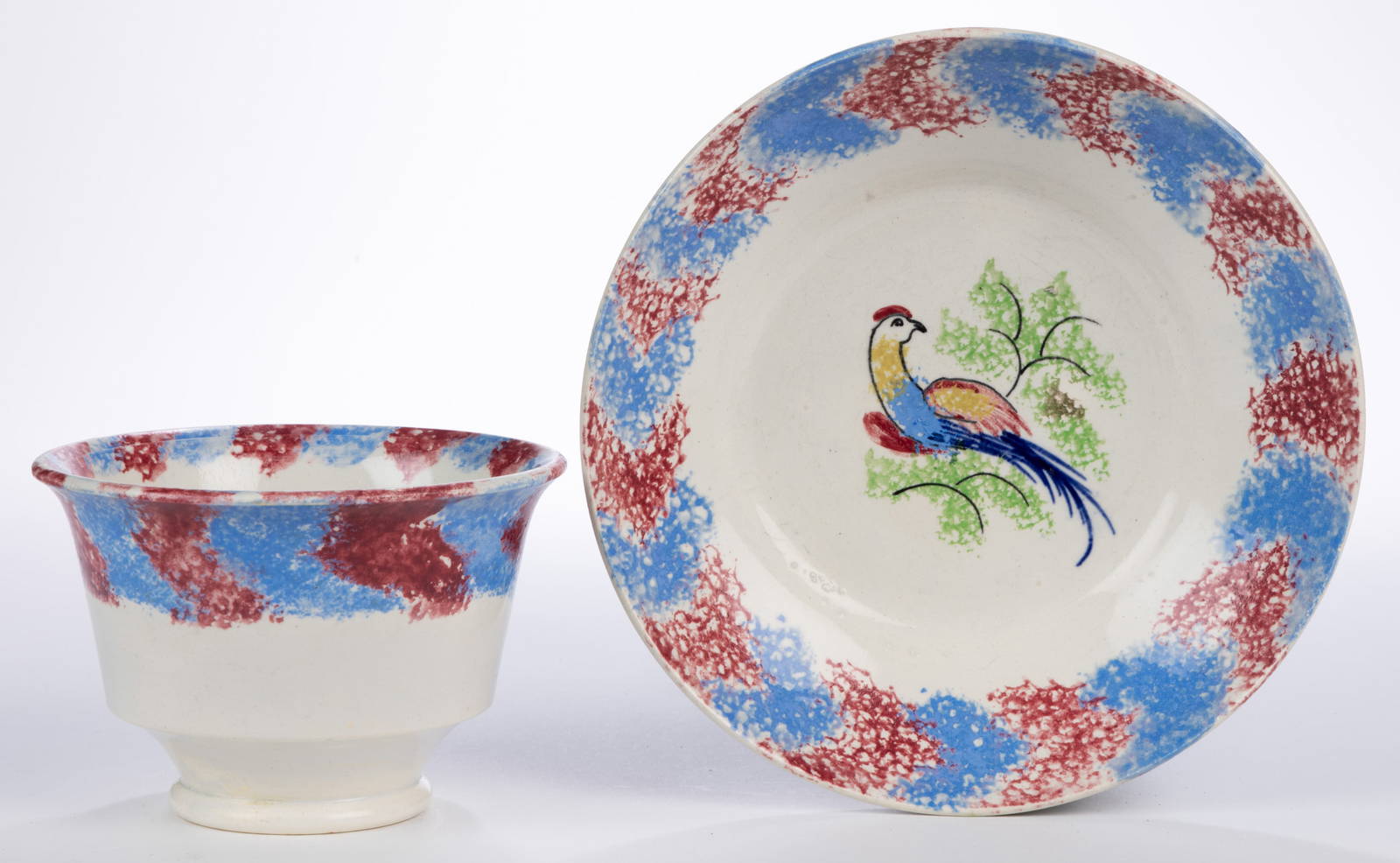 British Spatterware Rainbow Peafowl Motif Ceramic Cup And Saucer Auction