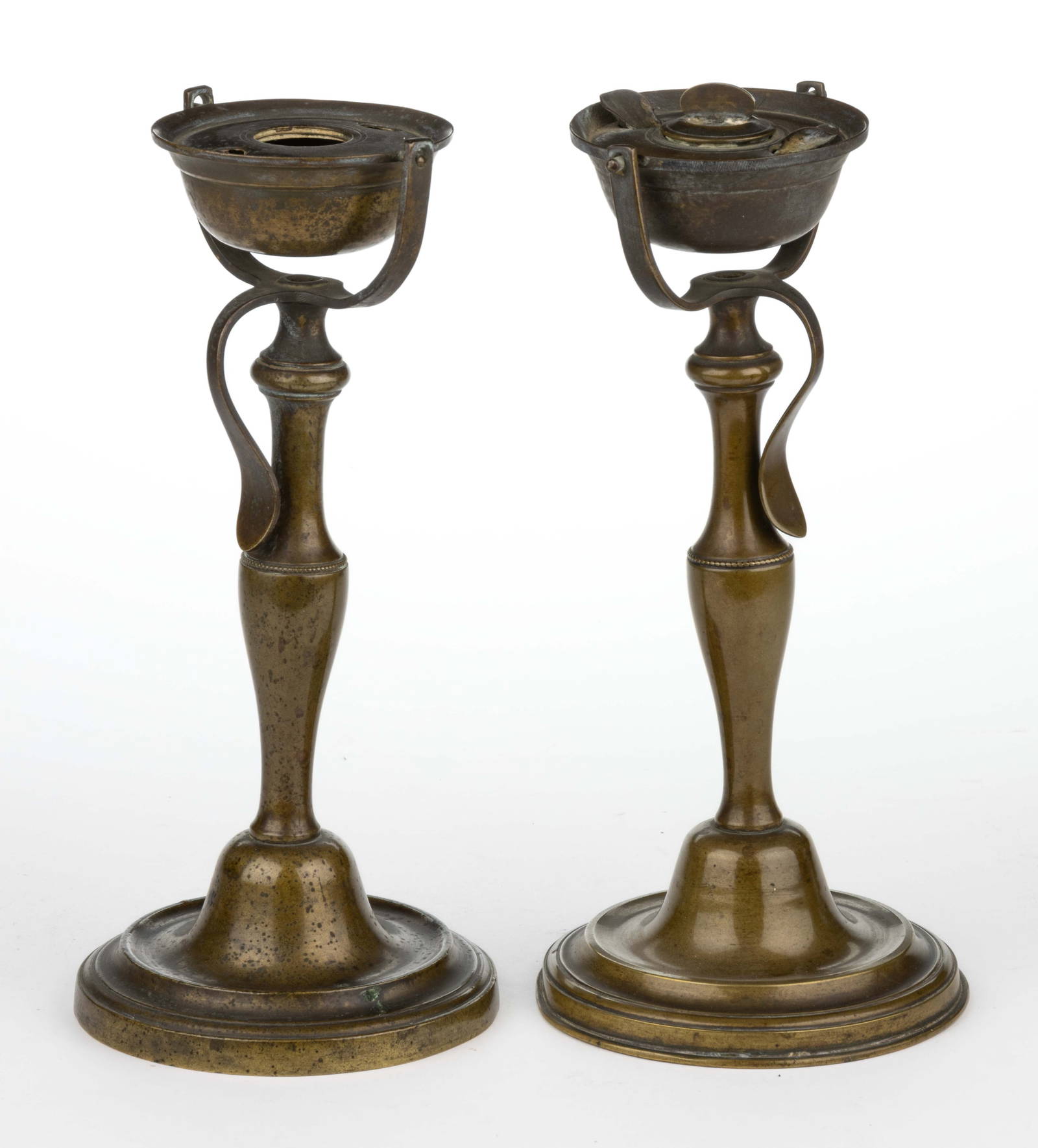 Brass Trunnion Fat / Grease Stand Lamps, Pair Auction