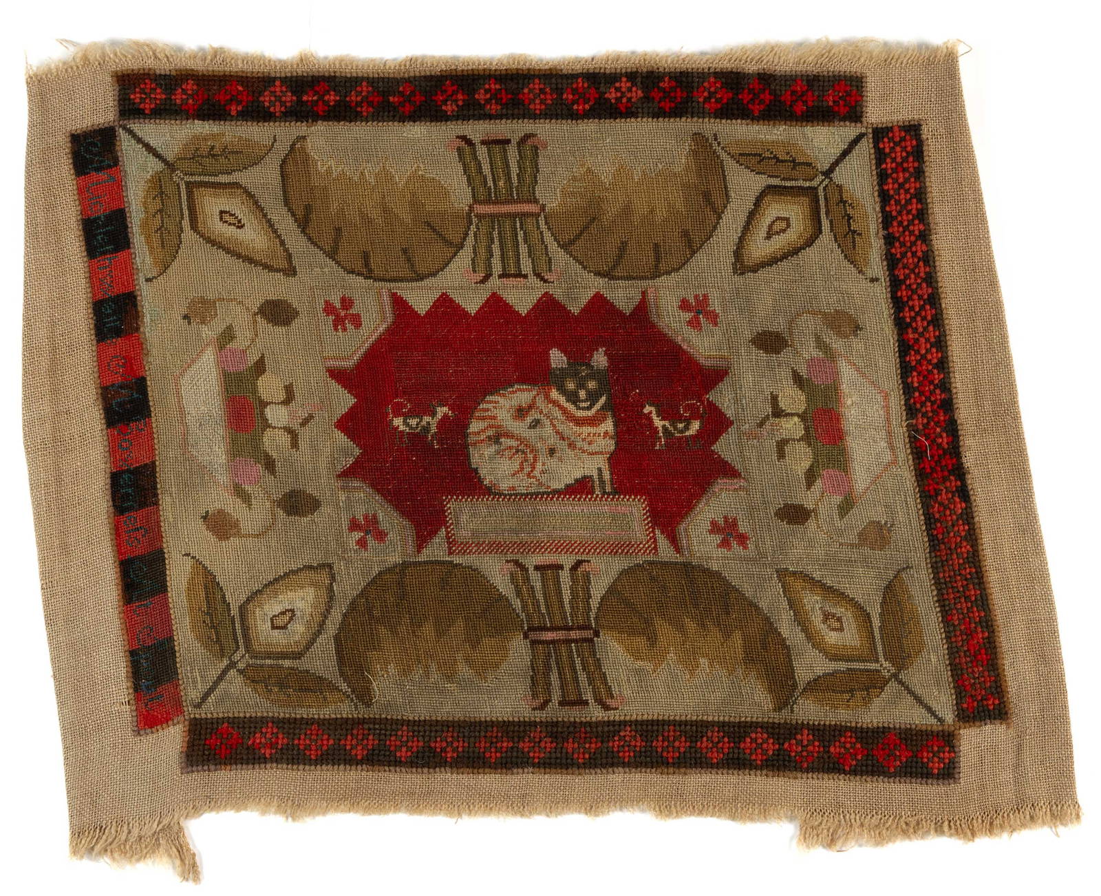 British Attributed Folk Art Berlin Work Needlework Picture With Cat Auction
