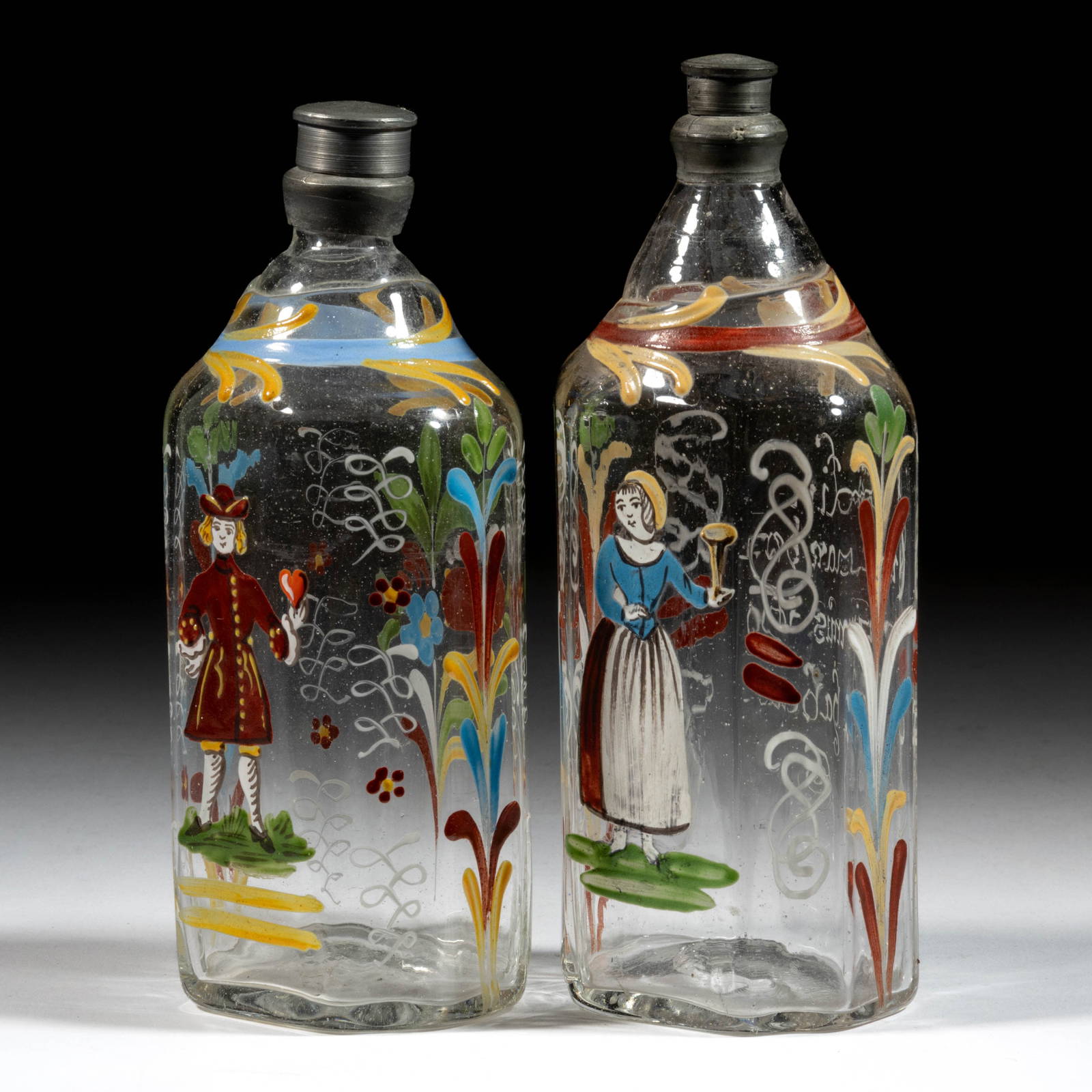 Half Post Blown And Decorated Stiegel Type Bottles Flasks Lot Of