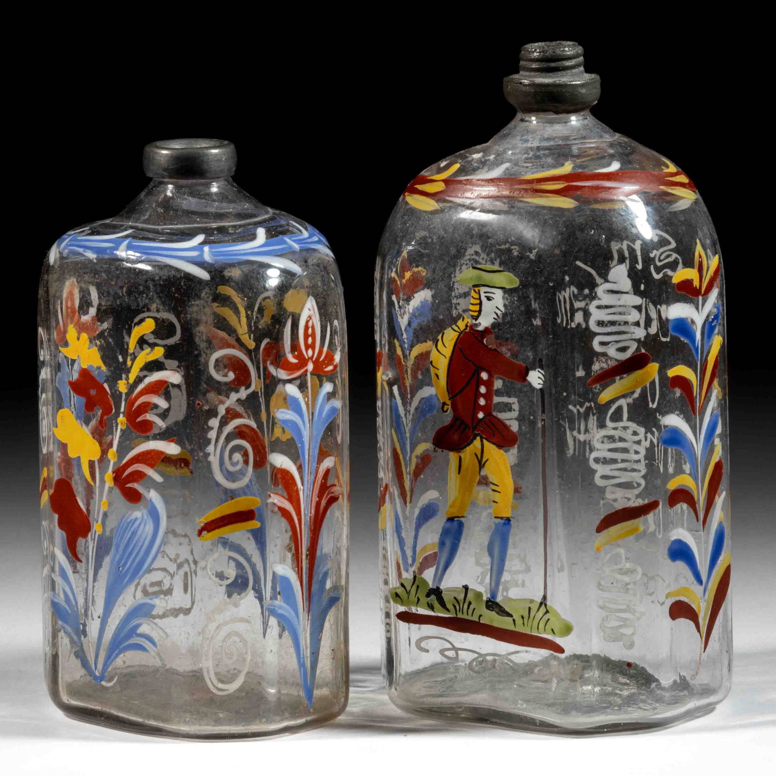 Half-post Blown And Decorated "stiegel-type" Bottles / Flasks, Lot Of ...
