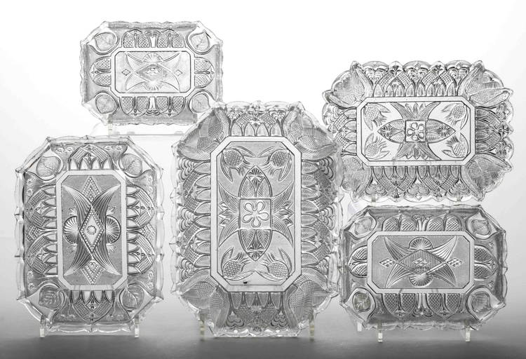 Pressed Gothic Arch Lacy Rectangular Dishes, Lot Of Five