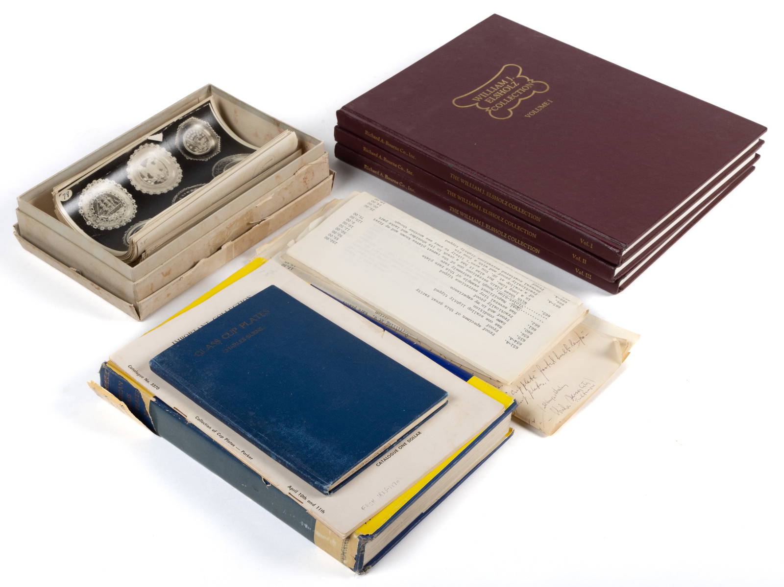 Glass Cup Plates And Associated Reference Volumes, Lot Of Six Auction