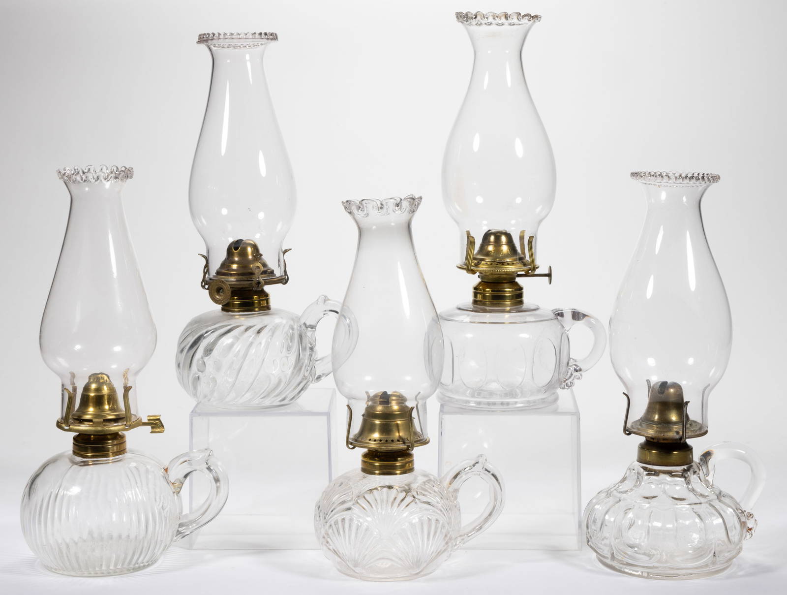 Assorted Pattern Kerosene Finger Lamps, Lot Of Five Auction