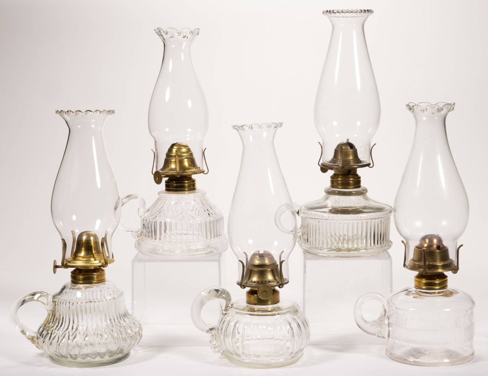Assorted Ribbed Pattern Kerosene Finger Lamps, Lot Of Five Auction