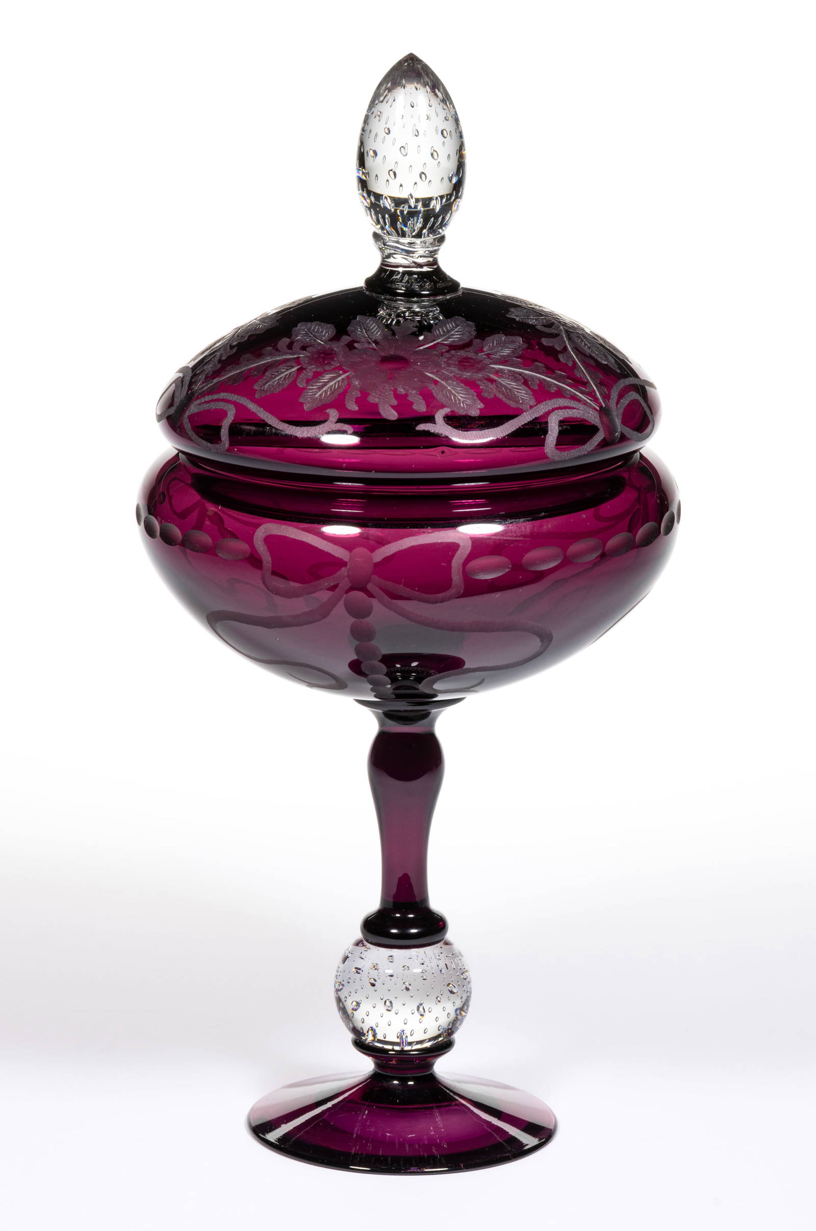 Pairpoint Floral Engraved Art Glass Covered Compote Auction