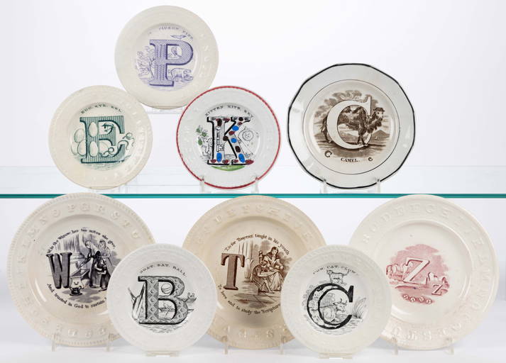 British Transfer Printed Ceramic Children's Abc Plates, Lot Of Nine