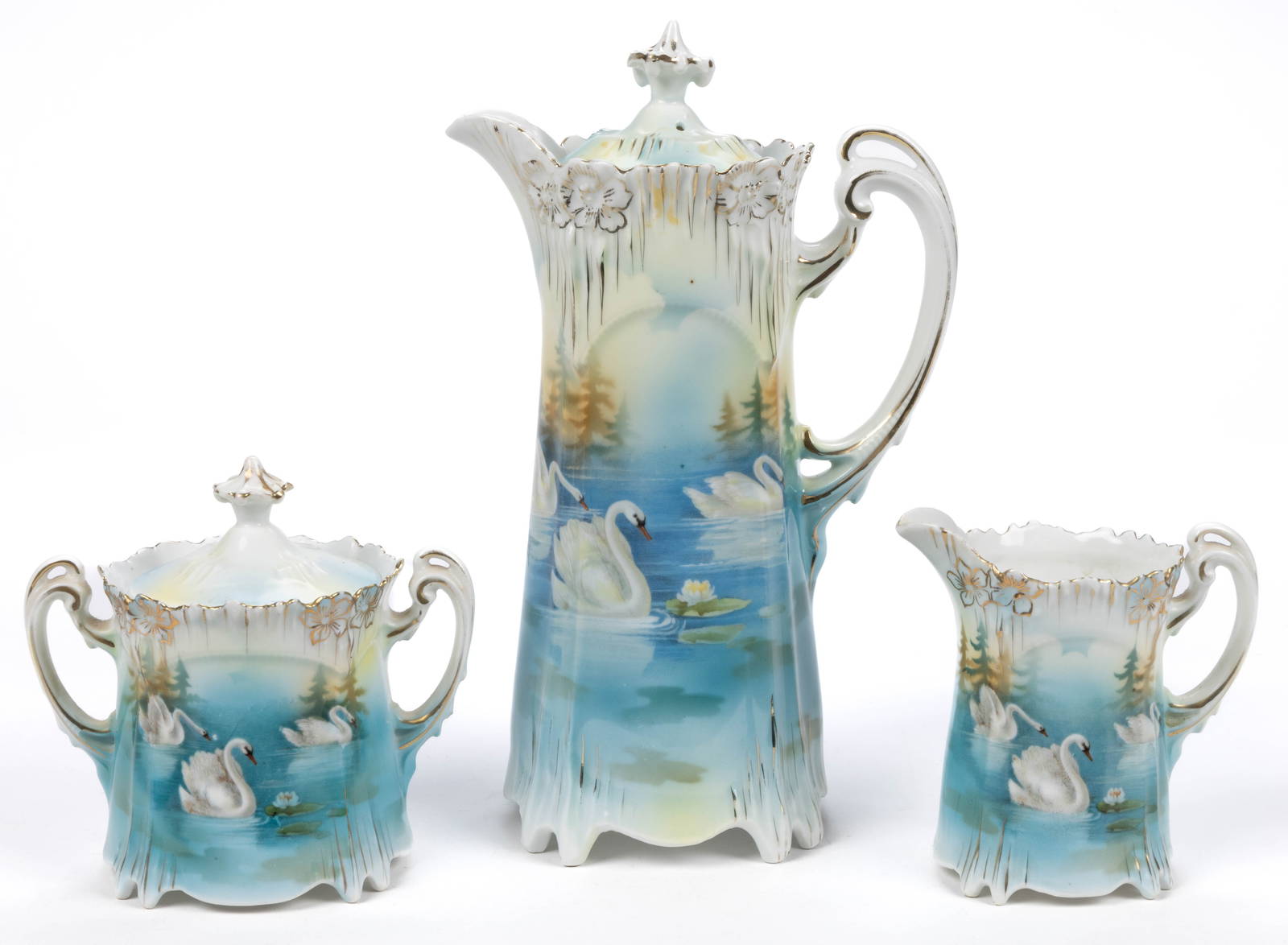 R.s. Prussia Porcelain Swan Motif Three-piece Chocolate Set Auction