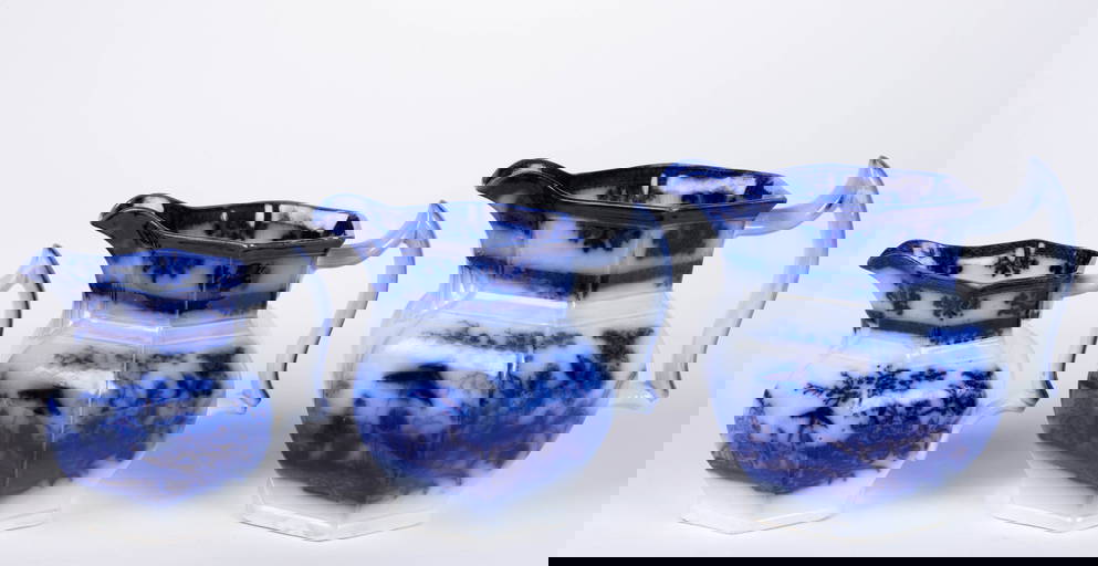 Davenport Flow Blue Transfer Printed "amoy" Ceramic Graduated Pitchers ...