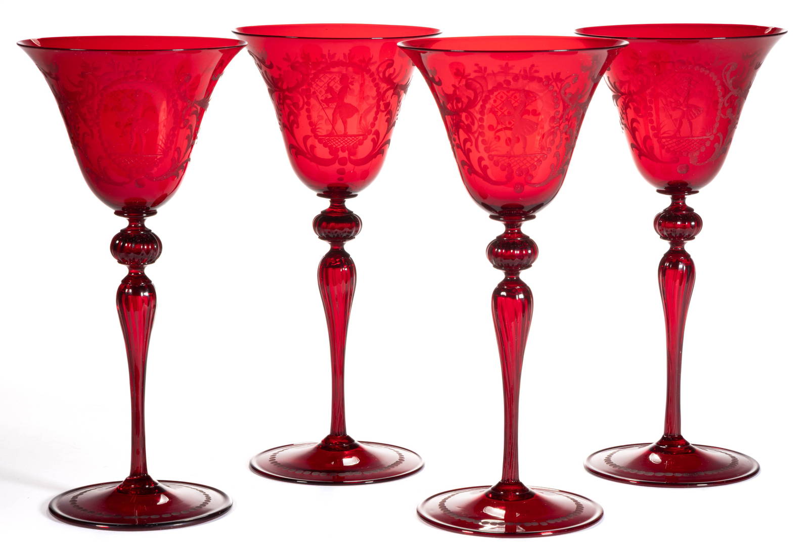 Continental Engraved Ruby Glass Goblets, Lot Of Four Auction