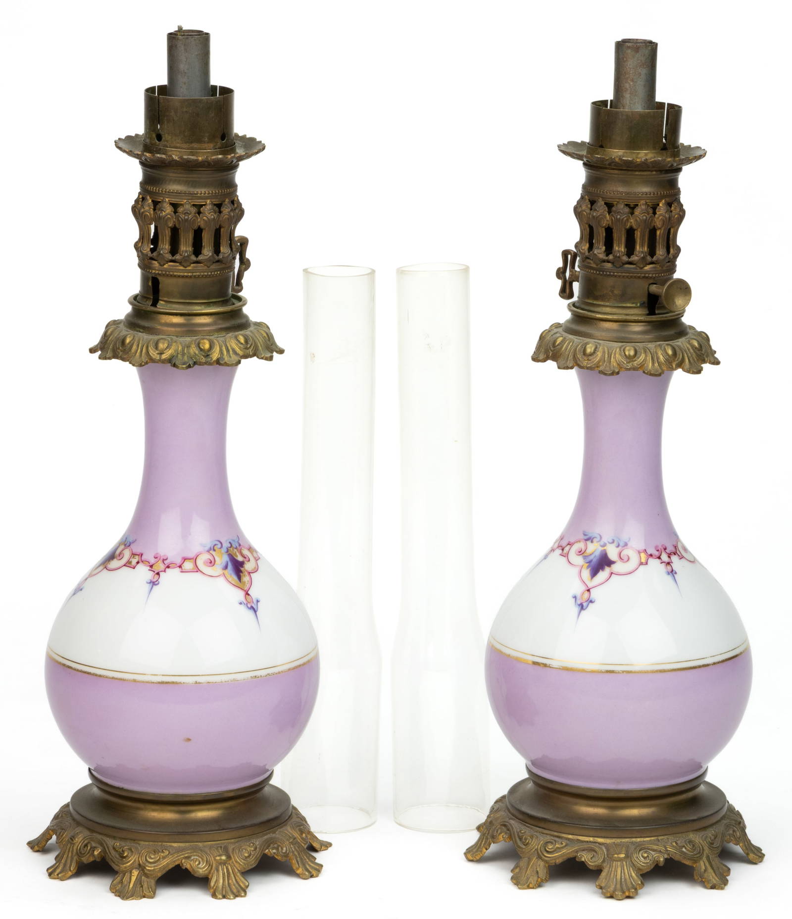French Ceramic Enamel Decorated Moderator Lamps, Pair Auction