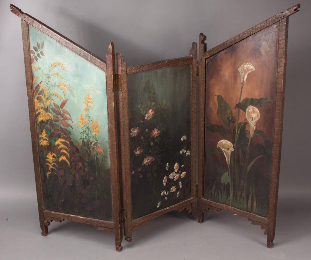 LATE VICTORIAN PAINTED THREE-PANEL FOLDING SCREEN