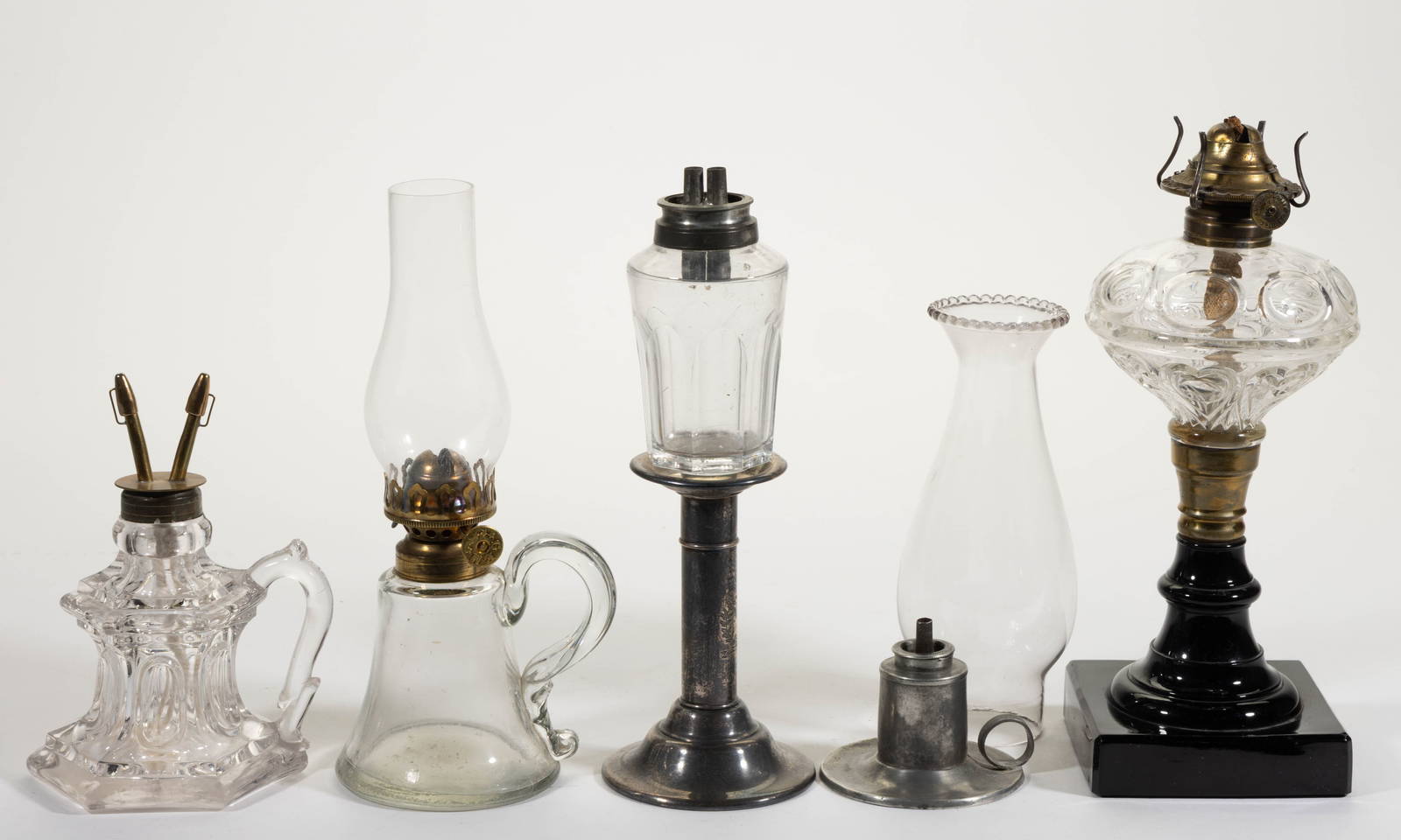 Assorted Patterned Kerosene / Whale Oil / Fluid Lamps, Lot Of Five ...