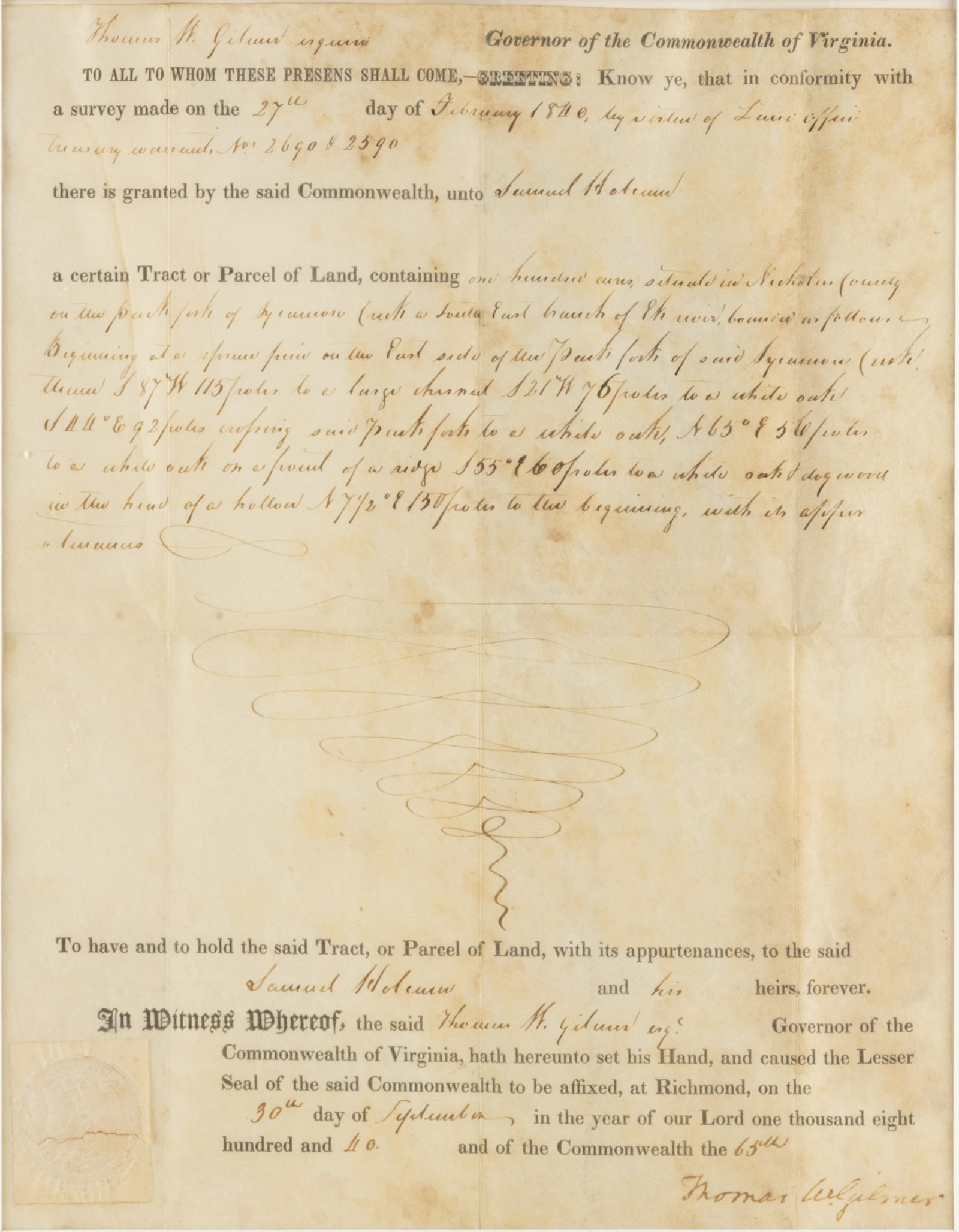 Thomas Walker Gilmer (1802-1844) Signed 1840 Nicholas Co., (now West ...