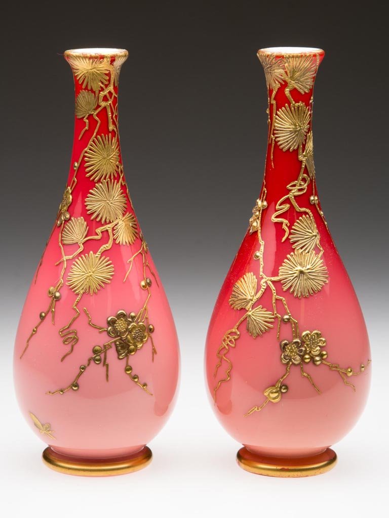 WEBB DECORATED PEACH BLOW PAIR OF VASES