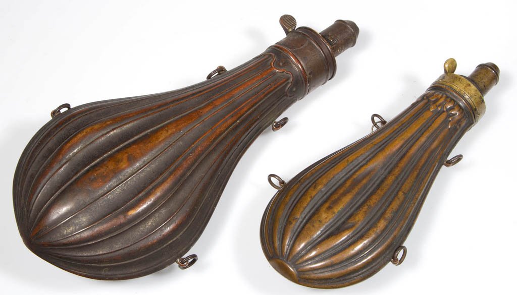 ANTIQUE COPPER POWDER / SHOT FLASKS, LOT OF TWO