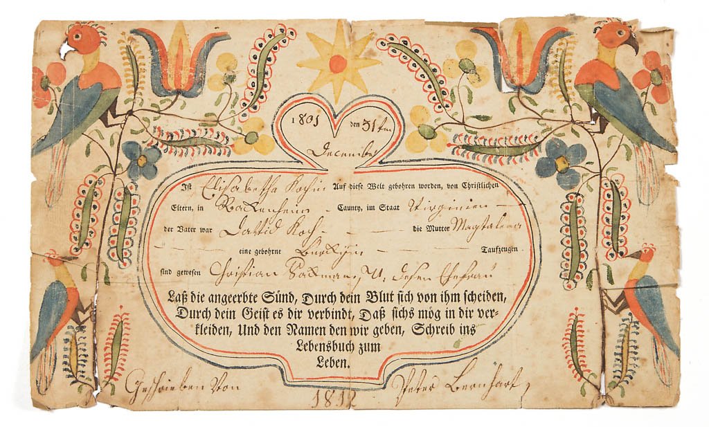 1812 ELIZABETH KOCH (COOK), ROCKINGHAM CO., VA FRAKTUR