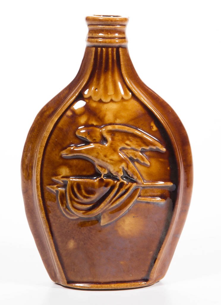 ROCKINGHAM-GLAZED POTTERY EAGLE PICTORIAL FLASK
