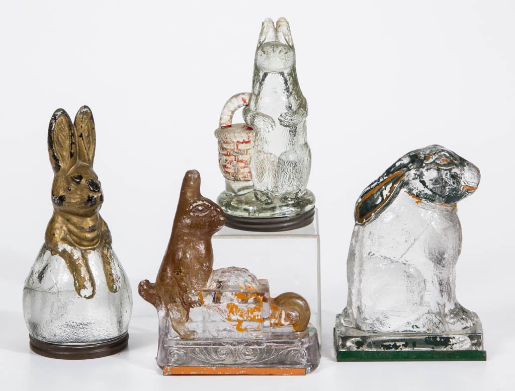 ASSORTED RABBIT FIGURAL GLASS CANDY CONTAINERS, LOT OF