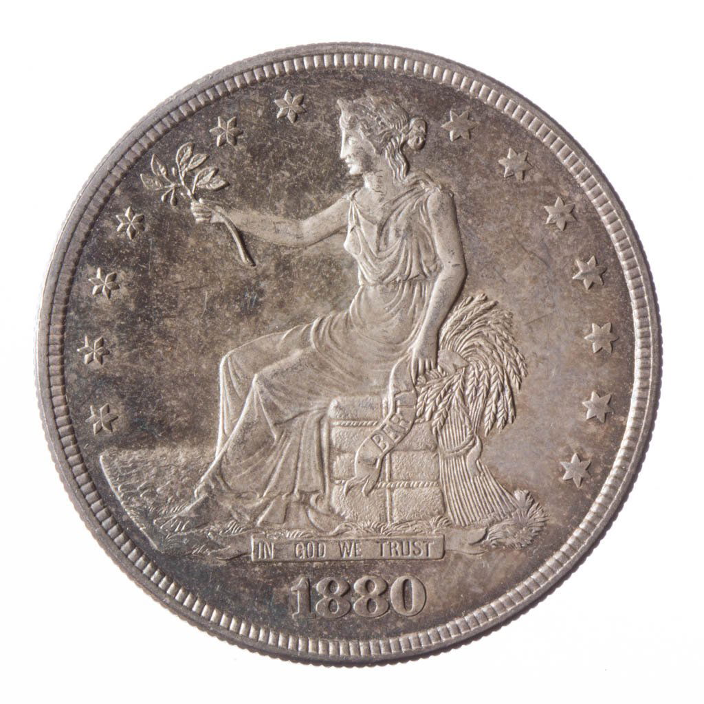 United States Silver 1880 Trade Dollar Coin.