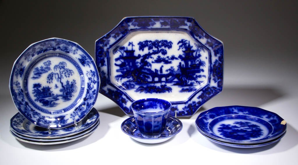 English Flow Blue Ironstone Table Articles, Lot Of Nine