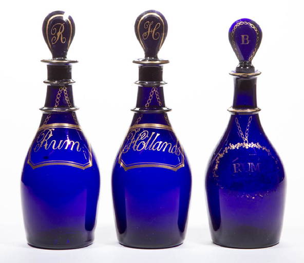 English Free Blown Colored Glass Pint Decanters, Lot Of