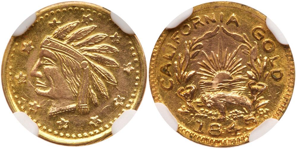 1849 Dated Round Indian Head California Gold Token, 12.9mm. Ngc Au58