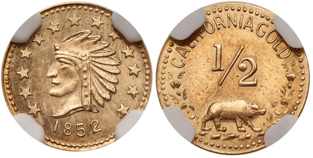 1852 Dated Round Indian Head California Gold Token, 12mm. Ngc Ms67