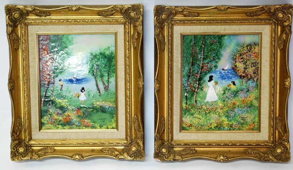 Pair Cardin Signed Enamel on Copper Paintings