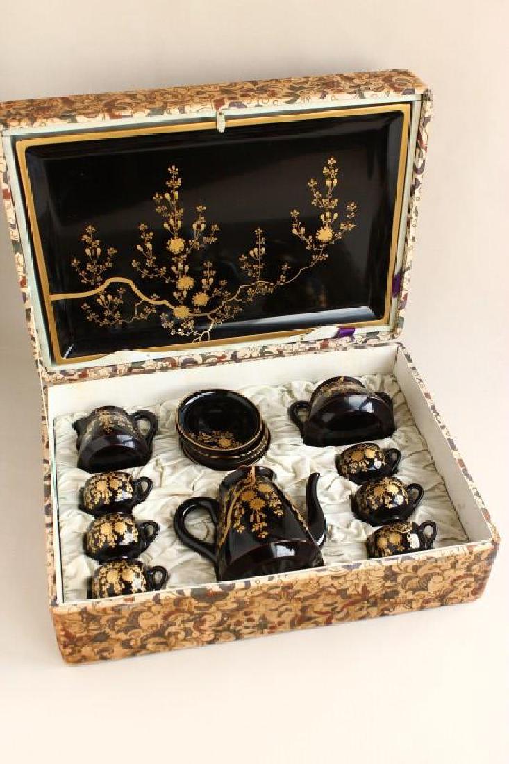 Japanese Boxed Black Lacquer Tea Set,