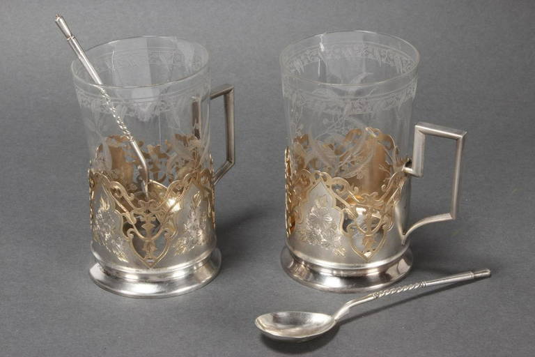 Pair Of Russian Silver Tea Cup Holders And Spoons,