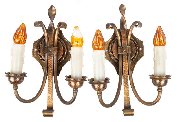 Pair Of Roycroft Hand Hammered Metal Sconces & Hanging
